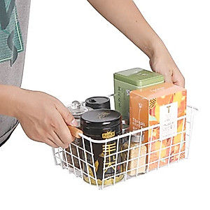 Fvstar 3pcs Wire White Baskets with Wooden Handles,Metal Storage Organizer Bins,Household Refrigerator Basket for Cabinets,Pantry,Shelf,Countertop,Closets,Bedrooms,kitchen