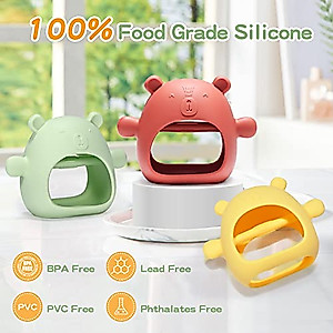 Silicone Teething Toys for Babies 3-6 Months - 3 Pack Never Drop Teething Mittens for Infants 6-12 Months, Mushroom Penguin Hand Teethers, Baby Chew Toys for Sucking Needs - Dishwasher Safe
