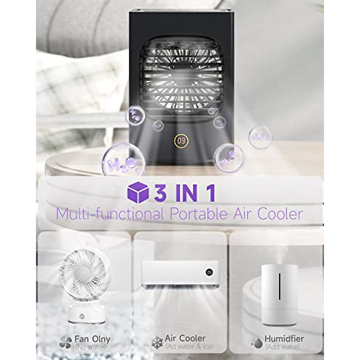 Portable Air Conditioners, 3-IN-1 Rechargeable Small Evaporative Air Cooler, 3 Speeds Cooler Fan, 4000mAh Battery Humidifier, Auto Oscillation, Light, Mini Air Conditioner Cooler for Room Bedroom
