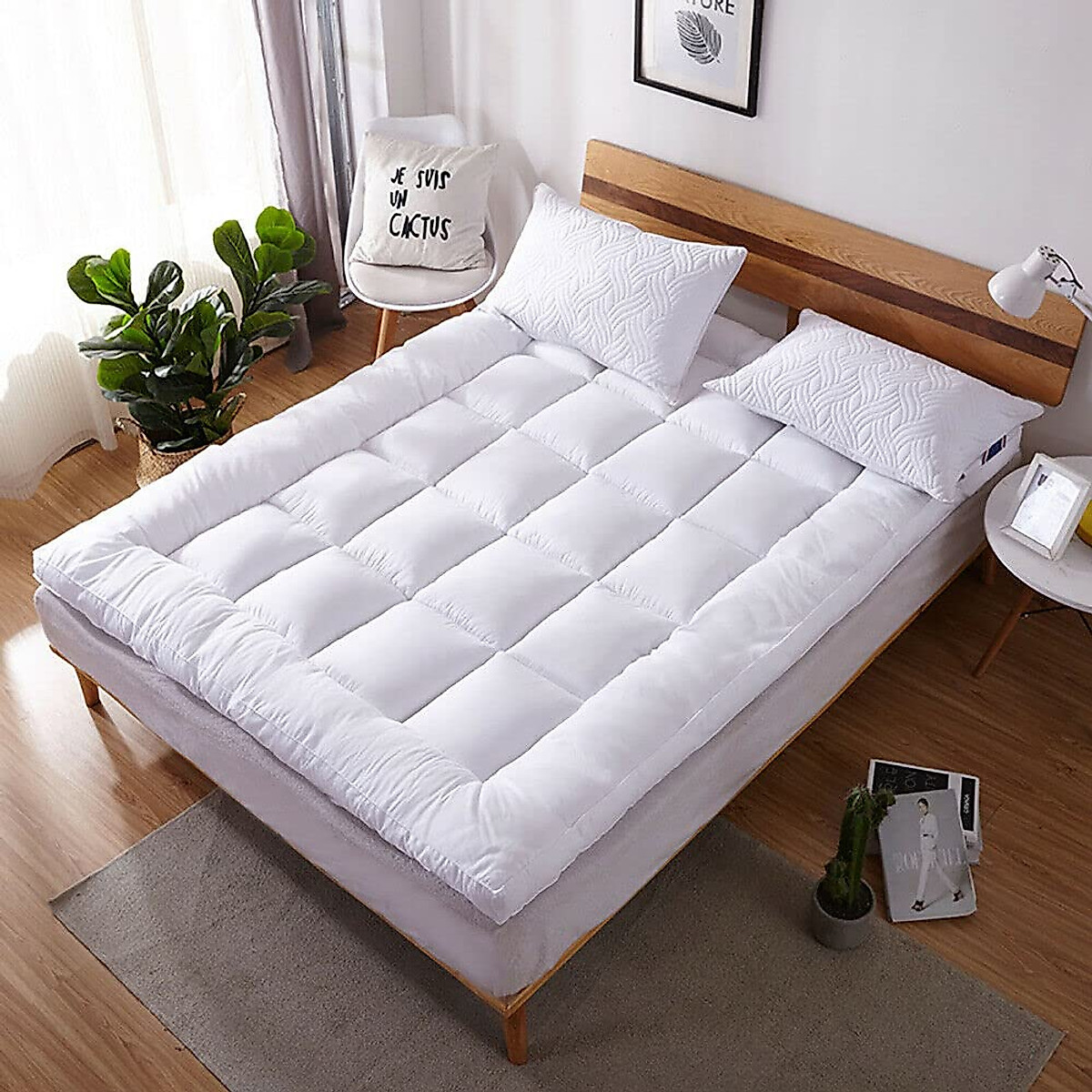 King Quilted Mattress Pad Cover, Pillow Top Mattress Cover, Mattress Protector Cotton Top with Deep Pocket Cooling Mattress Topper (King, White)