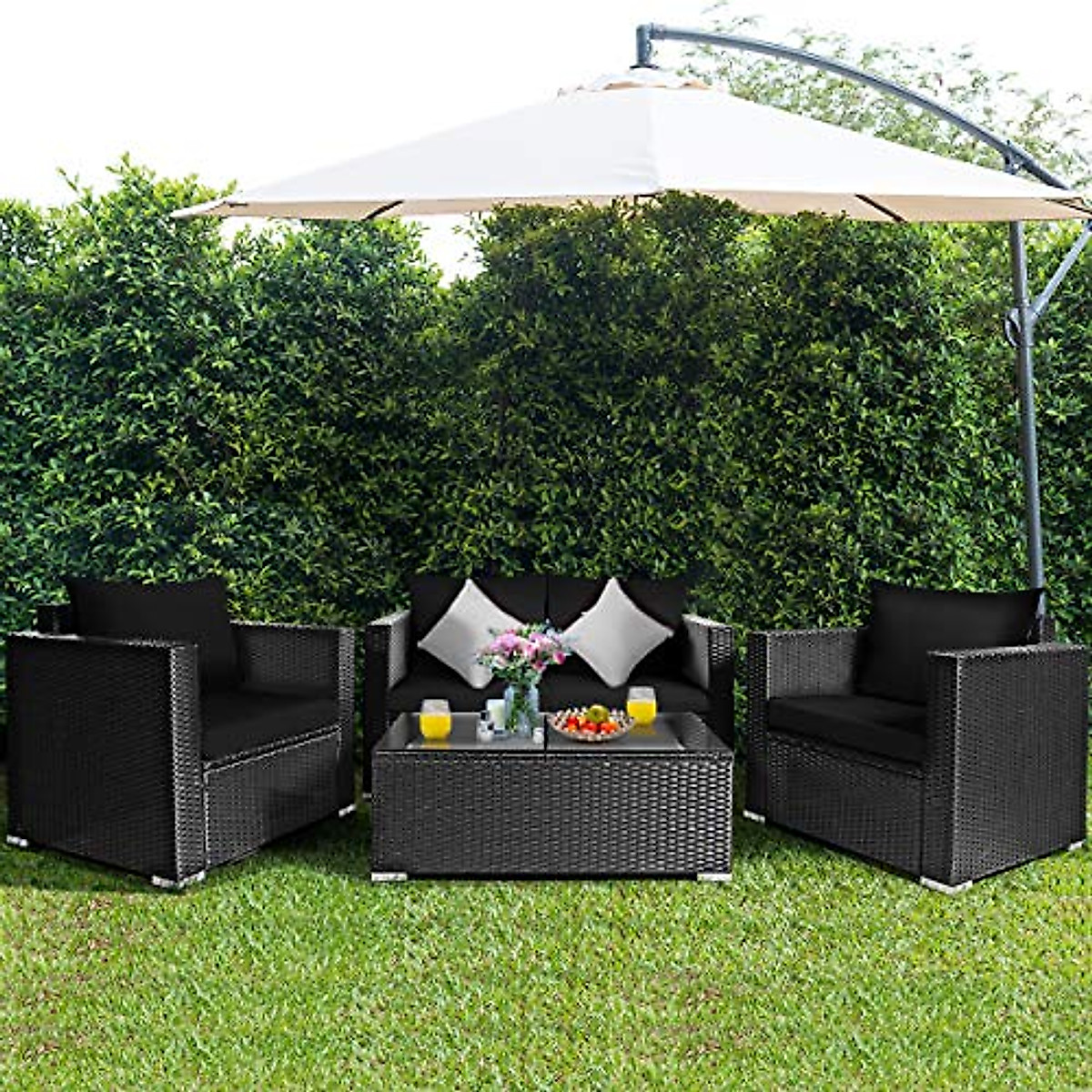 HAPPYGRILL 4 Pieces Patio Conversation Set Outdoor Rattan Furniture Set with Tempered Glass Tabletop & Removable Cushions Sectional Wicker Sofa Set for Garden Backyard Poolside