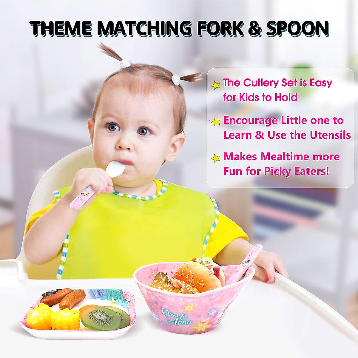 Finex Frozen Queen Elsa Princes Anna 5 Pcs Set Cartoon Durable Tableware Meal Dishes Mealtime Set includes Dinner Serving Bowl Plate Cup with a Matching Spoon & Fork