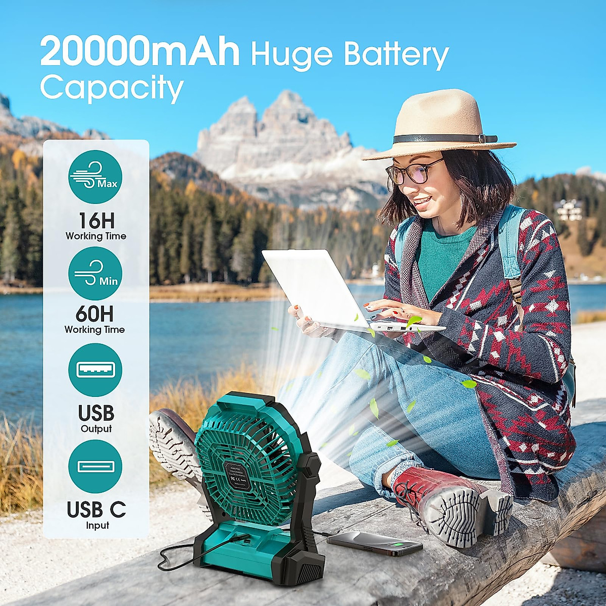 ONLYNEW Portable Fan Rechargeable, 20000mAh Cordless Battery Powered Fan with LED Lantern,Table Fan, USB C Battery Operated Fans for Travel Bedroom Home Camping Tent Office Beach Desk Fishing