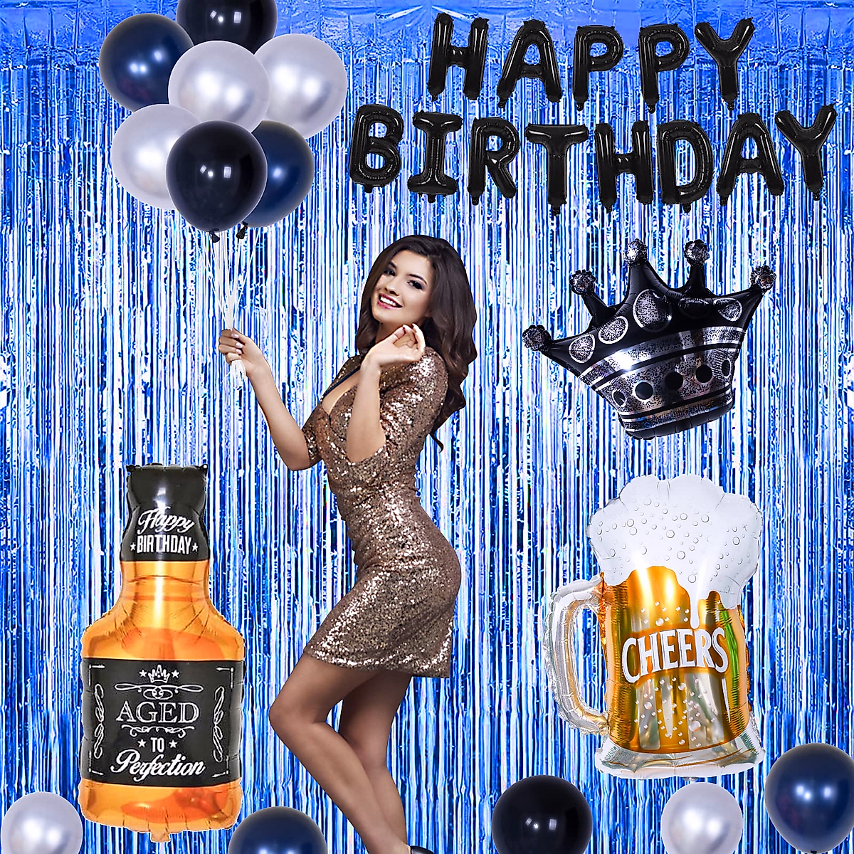 Black and Blue Party Decorations, Happy Birthday Decorations for Men Women Birthday Black Party Decor with Foil Fringe Curtains and Crown, Party Supplies for 25th 30th 35th 40th 45th 50th 60th 65th