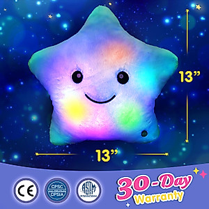 WEWILL 13'' Creative Twinkle Star Light up Night LED Plush Pillows Stuffed Animal Toys Birthday Valentines for Toddlers Girls(Blue)