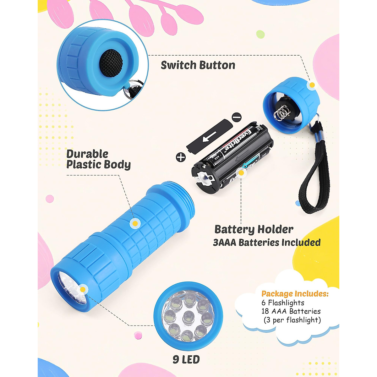 EverBrite 9-LED Flashlight 6-Pack Compact Handheld Torch Assorted Colors with Lanyard 3AAA Battery Included (Hurricane Supplies, Camping)