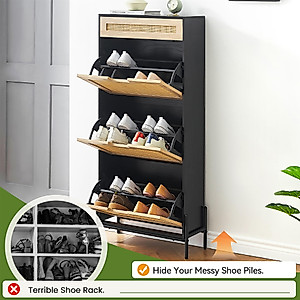 GAOMON Rattan Shoe Storage Cabinet with 3 Flip Door and 1 Drawer, Freestanding Shoe Organizer Rack for Entryway, Hidden Shoe Cabinet with 3-Tier Adjustable Shelves for Hallway Living Room (Black)