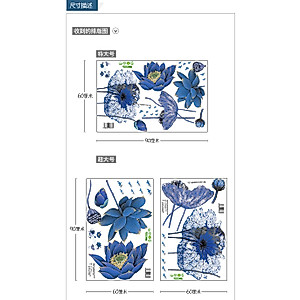 Creative Gaint Cartoon Blue Lotus Wall Stickers Removable DIY Flowers Nursery Decor Wall Decals 3D Floral Peel and Stick Art for Home Walls Girls Bedroom Living Room Classroom Bathroom