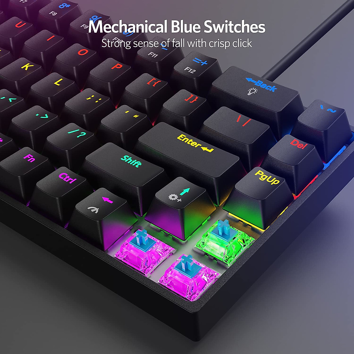 TEWELL 68 Keys Wired Compact Mechanical Gaming Keyboard with Audible Click Sound Blue Switches, Rainbow Backlit Portable Computer Keyboard for Windows Gaming PC