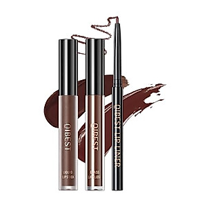 3Pcs Dark Brown Matte Liquid Lipstick, Lip Liner, Lip Gloss Trio Lip Set - One Step Lips Makeup Kits Waterproof Long-Lasting Moisturizing Velvety Nude Lip Stain Make Up Gift Set (11#)
