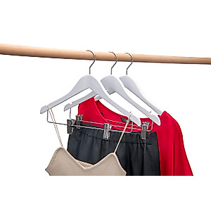 Quality Hangers 20 Pack Kids Skirt Hangers 14 Inches - Junior Preteen Youth Wooden Clothes Hanger with Curved Shoulder Swivel Chrome Hook Adjustable Metallic Clips & Nonslip Notches (White, 20)