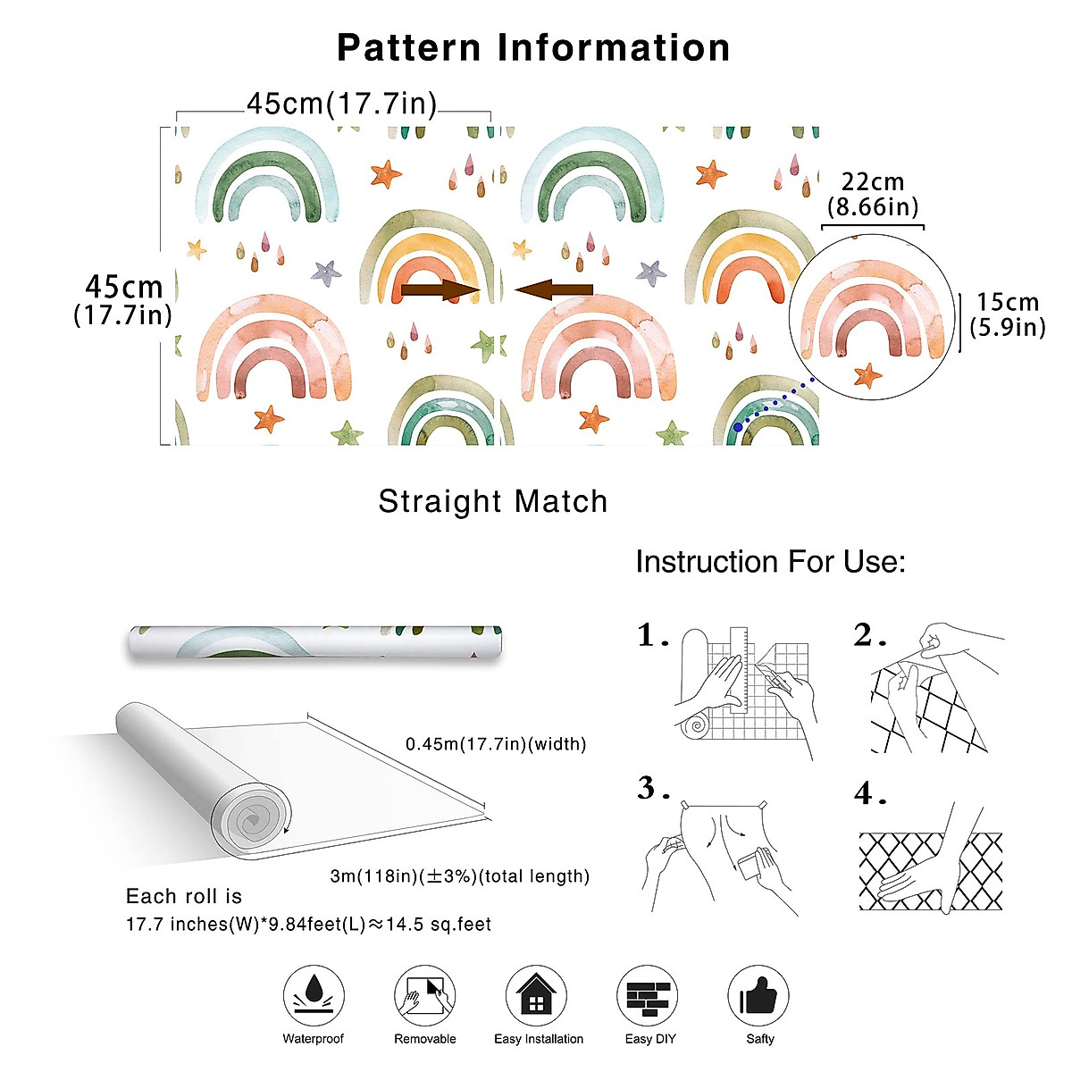 HAOKHOME Peel and Stick Rainbow Wallpaper Cute Raindrop Stars White/Orange/Green Removable for Nursery Kids Bedroom Decor 17.7in x 118in