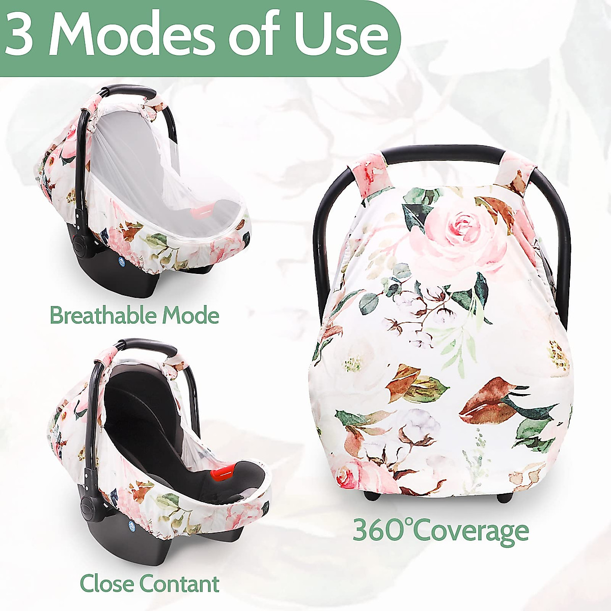 Car Seat Covers for Babies Girl Boy, Cozy Sun & Bug Cover, Infant Carseat Canopy Newborn Stroller Carrier Cover with Breathable Zipper Peep Window, Watercolor Pink Flower