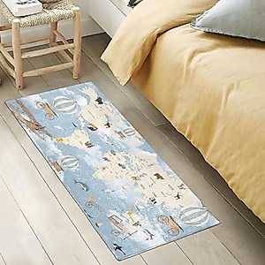 Fluffy Floor Carpet-Animals World Map Travel Theme，39x20in Front Door Mat Indoor Machine Washable Carpet,Aesthetic Rug