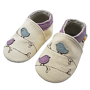 YALION Soft Sole Leather Baby Shoes First Walking Cartoon Birds Toddler Infant Slippers(6-12 Months,White)