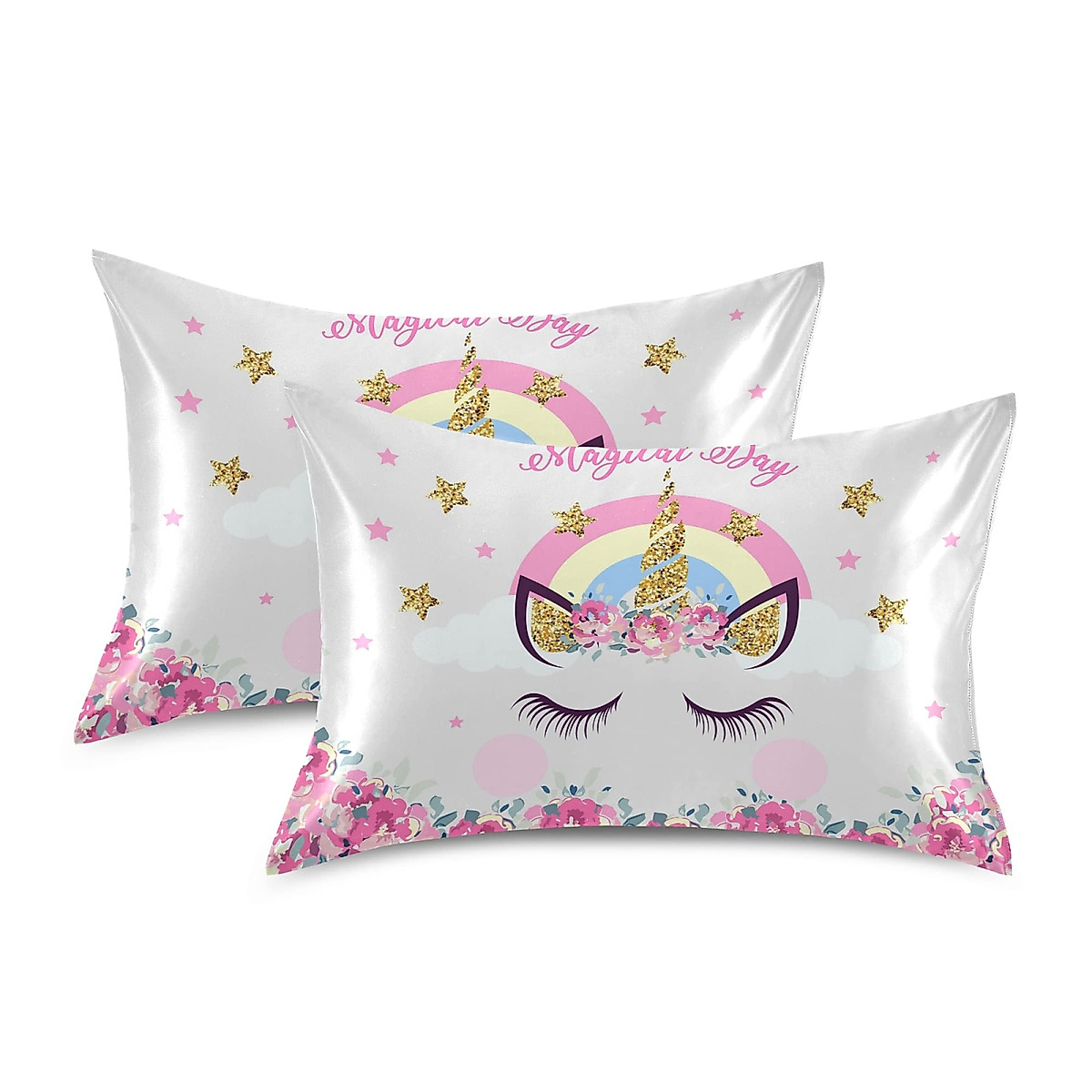 Dalzium Cute Unicorn Girl Print Satin Pillowcase for Hair and Skin, Unicorn and Pink Flowers Silk Pillow Case with Envelope Closure, Standard Size 20x26 inches, White, 1 PC