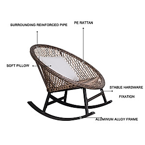 HARELA Outdoor Rocking Chair, Rattan Rocker Padded Cushion Recliner, Indoor & Outdoor Front Porch Rocking Chair, Patio Rocker Recliner Chair for Balcony Front Porch Garden Living Room