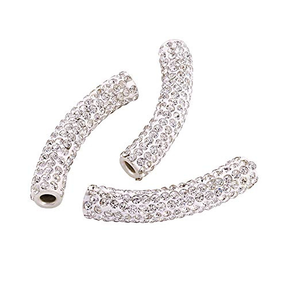 Beadthoven 10pcs 45x9mm Tube Brass Middle East Rhinestone Beads Silver Clay Pave Round Beads Disco Rhinestone Crystal Shamballa Beads for Jewelry Making Handmade Crafts Accessories Supplies