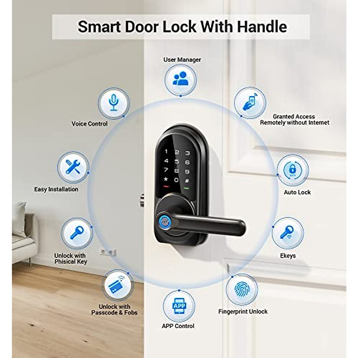 Veise Smart Lock, Keyless Entry Door Lock with Handle, Fingerprint 7-in-1 Locks for Front Door, Electronic Digital Keypad, APP Control, Set, Matte Black