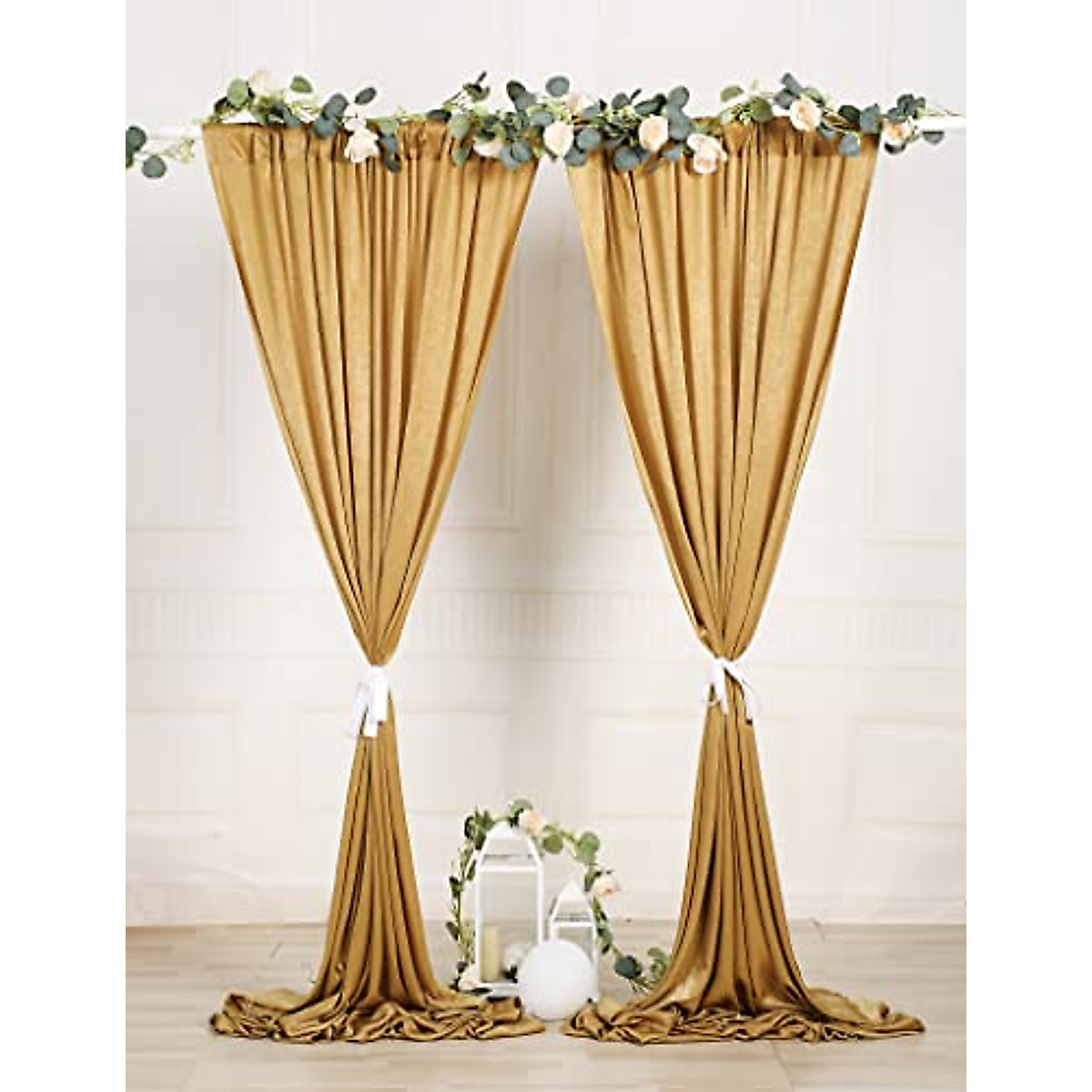 SHERWAY 2 Panels 4.8 Feet x 10 Feet Deep Gold Thick Satin Wedding Backdrop Drapes, Non-Transparent Window Curtains for Party Ceremony Stage Decoration