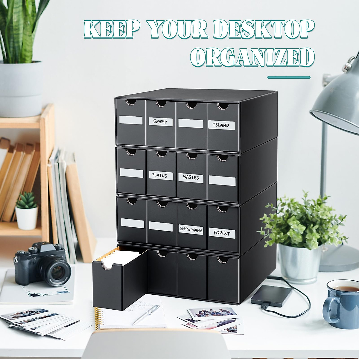 Cholemy 8000+ Trading Card Storage Box with Cardboard Storage Box Card Divider Label Sticker Card Organizer for Sports Card Storage Collection Compatible with TCG MTG Card(Black, 4 Row, 4 in A Row)