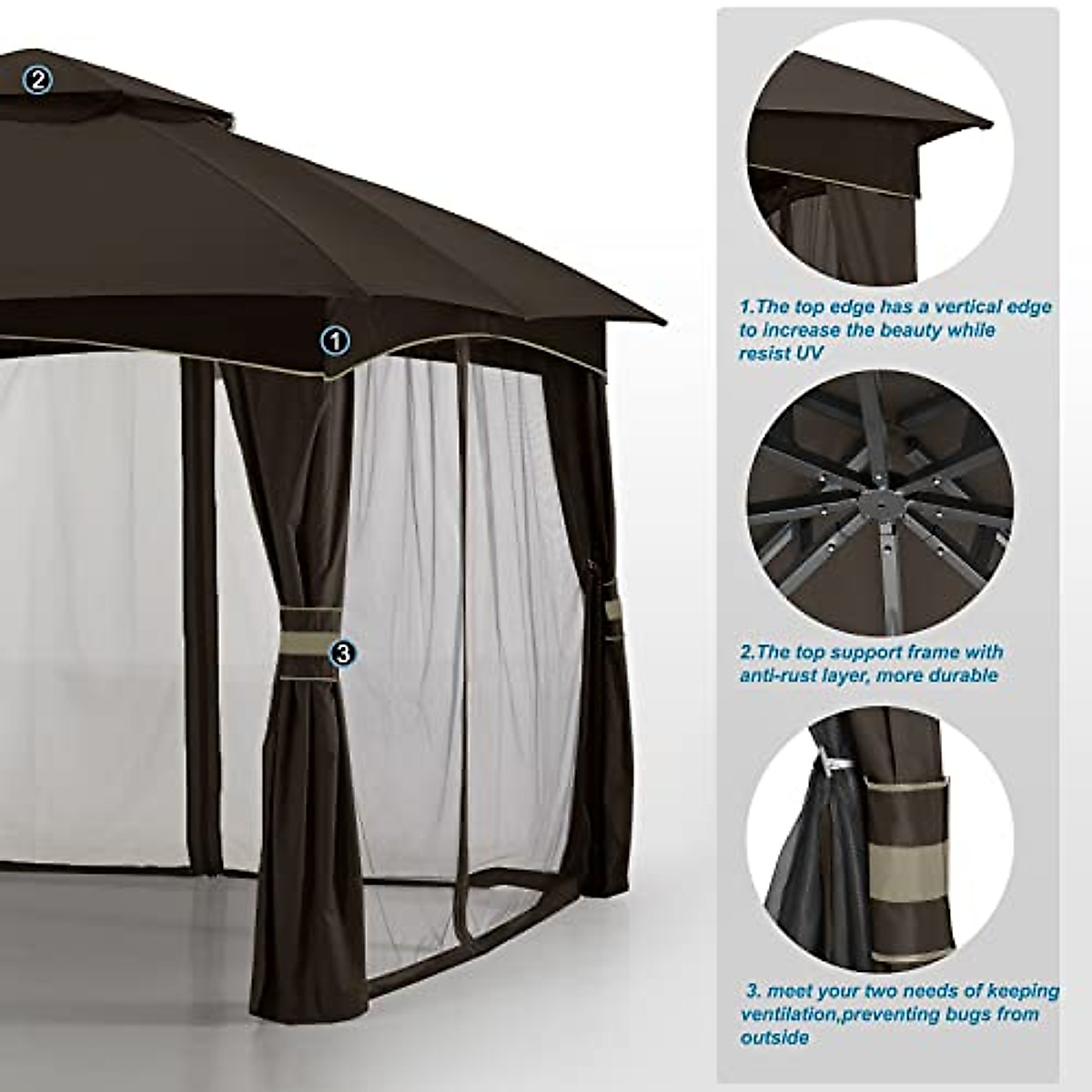 MASTERCANOPY Outdoor Patio Gazebo for Garden with Upgrade Steel Frame and Netting Walls (10x10,Brown)