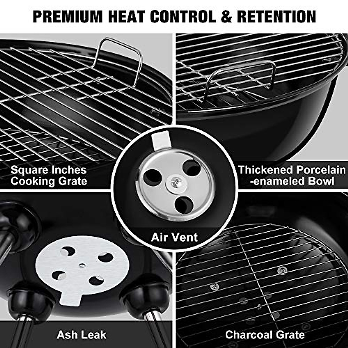 BEAU JARDIN Premium 18 Inch Charcoal Grill for Outdoor Cooking Barbecue Camping BBQ Coal Kettle Grill Tailgating Portable Heavy Duty Round with Thickened Grilling Bowl Wheels for Small Patio Backyard
