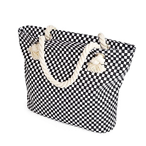 Premium Large Black & White Checkered Print Canvas Tote Shoulder Bag Handbag