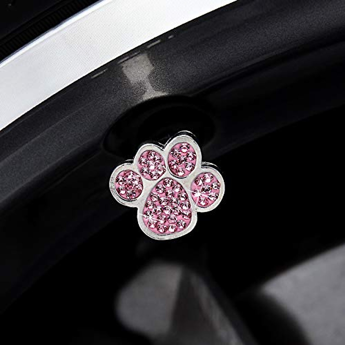 CB Handmade Bling Rhinestone Tire Valve Dust Caps Crystal Tire Air Sealing Cap for Car Styling, Paw Print - Pink, 4-Pcs