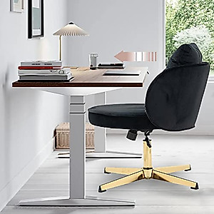 Mcltopz Velvet Office Chair Armless Desk Chair No Wheels, Modern Swivel Cute Vanity Chair with Gold Cross Legs, Ergonomic Mid Back Adjustable Wide Seat Computer Task Chair for Makeup Vanity Home Black