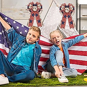 2 Pcs Patriotic Bow Wreath 4th of July Memorial Day Red White Blue Star Burlap American Flag Bow Memorial Day Bow for Indoor Outdoor Tree Topper Independence Day Party Decoration (Classic Style)