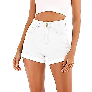 Cuihur Women's Ripped High Waisted Rolled Hem Stretchy Casual Short Jeans Ripped Denim for Juniors White M