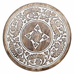 SAVON Small Rustic Wood Table Round White Side end Carved Indian Coffee Accent