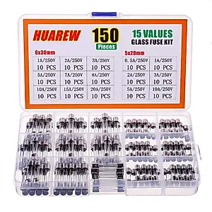 HUAREW 15 Values 150 Pcs Fast Blow Glass Fuses 250V Volt 5x20 mm 0.5 1 2 3 5 10 A 6x30 mm 1 2 3 5 7 8 10 15 20 A amp Assortment Kit