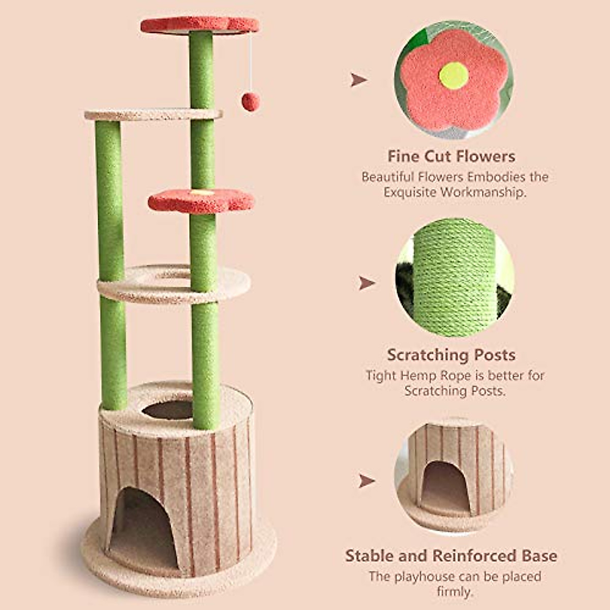 SENNAUX 51in Cat Tree Multi-Level Cat Tower Cat Condo Cat Activity Tree with Sisal Scratching Post Cat Climbing Flower Tower House for Cats Kittens Pets 6 Layers(Light Brown&Red)