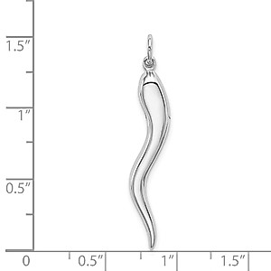 14k White Gold Solid 3-Dimensional Large Cornicello Italian Horn Protection Charm Pendant - 40mm x 5mm