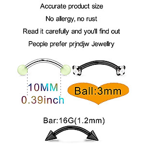 Prjndjw Black 8Pairs 16G 3/8in Eyebrow Piercing Earrings Stainless Steel CZ Matt Ball Curved Barbell Daith Rook Snug Tragus Body Jewelry Retainer for Women Men