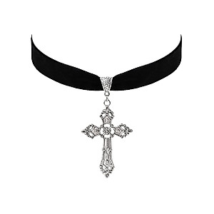 Sacina Gothic Cross Necklace, Zinc Alloy Black Cross Necklace, Halloween, Christmas Goth Jewelry Gift for Women (Silver Color Cross Choker)