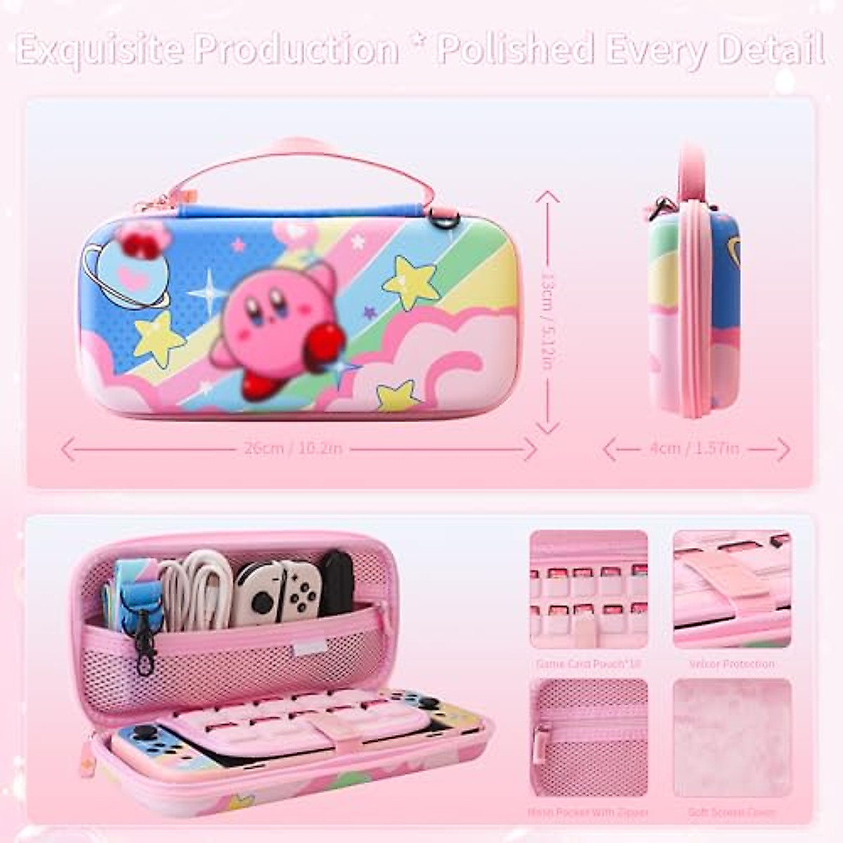 FUNDIARY Pink Carrying Case for Nintendo Switch with Kirby Design, Cute Shockproof Accessories for Switch Console Joycon with Travel Bag, TPU Skin Case, Screen Protector, Shoulder Strap & 2 Thumb Caps