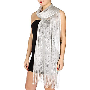 SERENITA Evening Shawl Wrap for Dress. Large Metallic Wedding Bridal Party Fishnet Soft Scarf (Silver)
