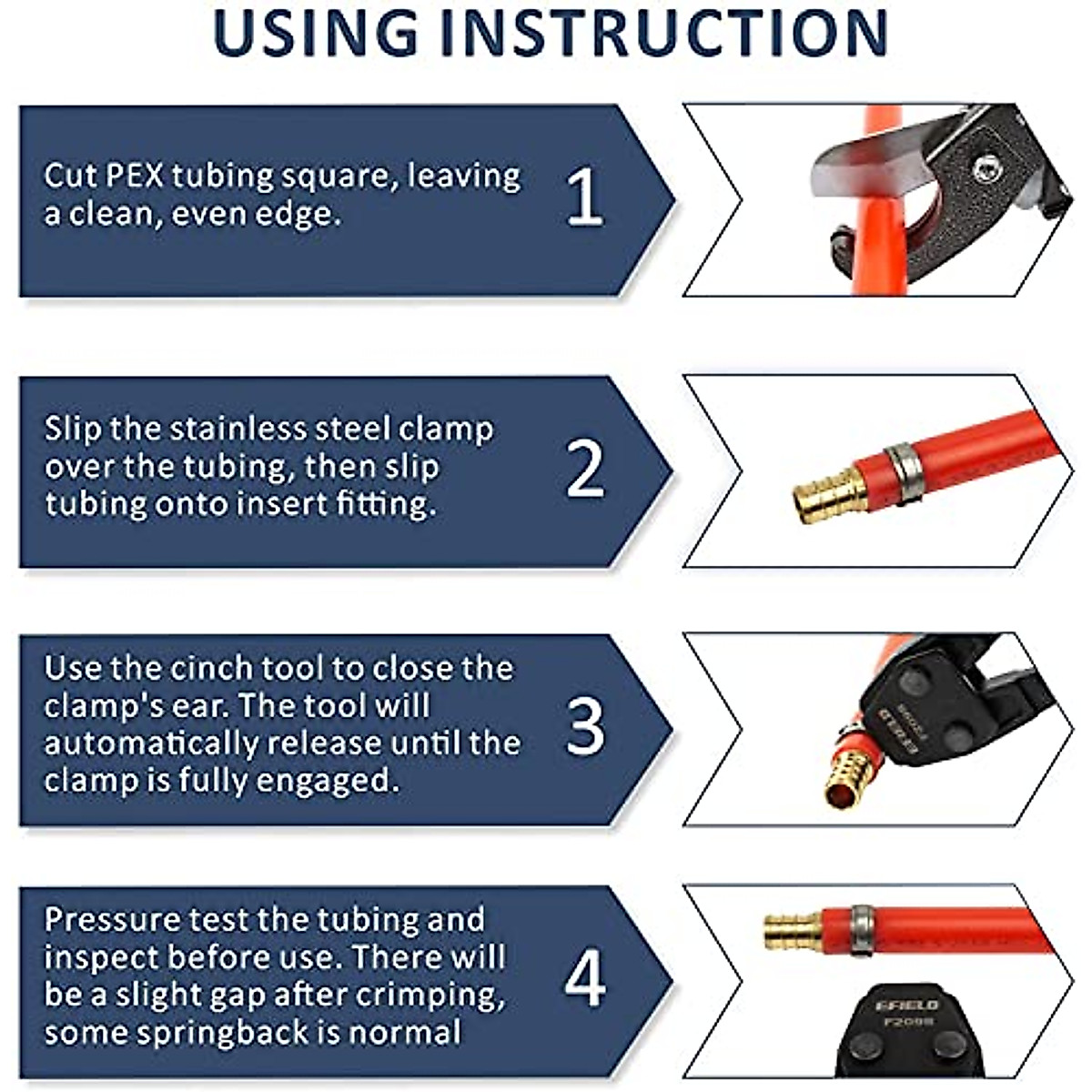 EFIELD Pex Cinch Clamp/Ear Hose Clamps Crimping Tool for Stainless Steel Clamps Sizes from 3/8" to 1" with Metal Pipe Cutter 20pcs 1/2" and 10 pcs 3/4" Clamps Suit all US F2098 Standards
