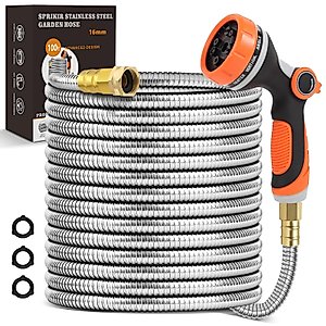 Garden Hose 100 FT Metal Flexible, Stainless Steel Water Hose 100ft with Nozzle, Solid Metal Fitting, Heavy Duty, No-Kink & Lightweight Metal Hose for Outdoor, Yard, Lawn, RV, Patio & Car