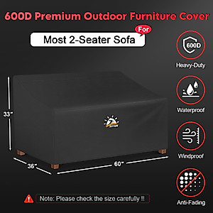 Zettum Patio Loveseat Cover 60 Inch - 600D Outdoor Couch Cover Furniture Sofa Cover Waterproof Heavy Duty, 2-Seater Bench Cover for Outside Sofa, Loveseat, Couch, Bench and Glider - 60 x 36 x 33 Inch