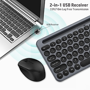 LeadsaiL Wireless Keyboard and Mouse Combo, Full-Sized Ergonomic Computer Keyboard with Phone Tablet Holder, 2.4GHz Silent Cordless Keyboard Mouse Set for Windows Laptop, PC, Desktop - Grey