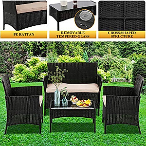 4 Pieces Rattan Furniture, Wicker Conversation Set Patio Set Outdoor Patio Furniture Sets Poolside Lawn Chairs Garden Furniture for Outdoor Balcony Poolside Porch, Black