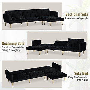 TTGIEET 105" Velvet Sofa Couch with Chaise, L Shape Futon Sofa Couch with USB, 4-Seat Sleeper Sofa Bed for Living Room (Black)