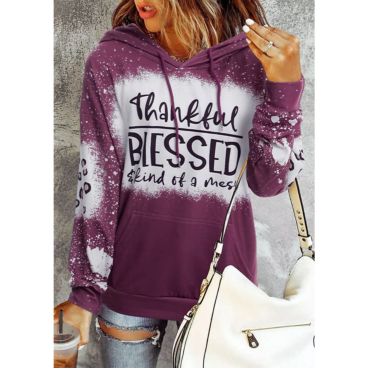 TAOHONG thankful blessed kind of a mess sweatshirts Purple Red