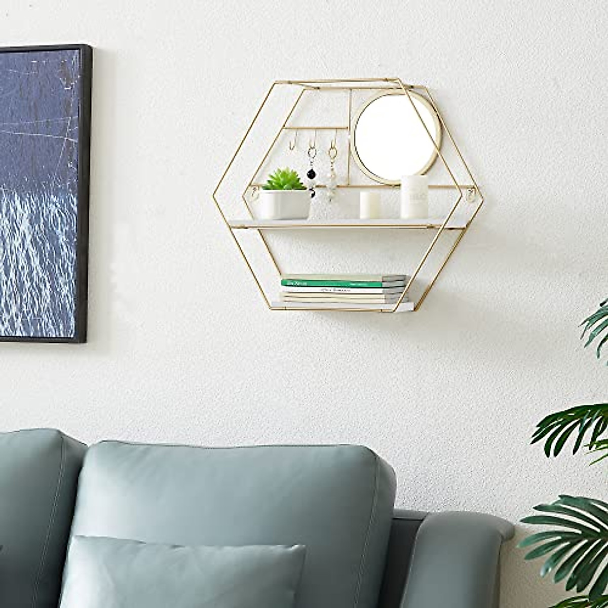TFER Floating Shelves Wall Mounted Hexagon Wall Shelf Hanging Shelves for Wall Storage Rustic Wood Wall Shelves for Bedroom, Living Room, Bathroom, Kitchen, Office, with Mirror and Hooks (Gold)
