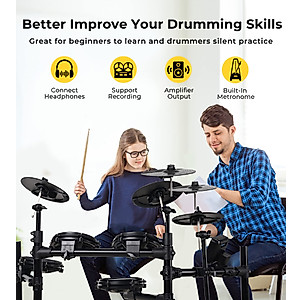 Vangoa Electric Drum Set 8-Pieces with Quiet Mesh Drumheads, Cymbals, Heavy Duty Pedals, 480 Sounds, USB MIDI, Throne, Headphone, Complete Electronic Drum Set for Beginners Adults, Black