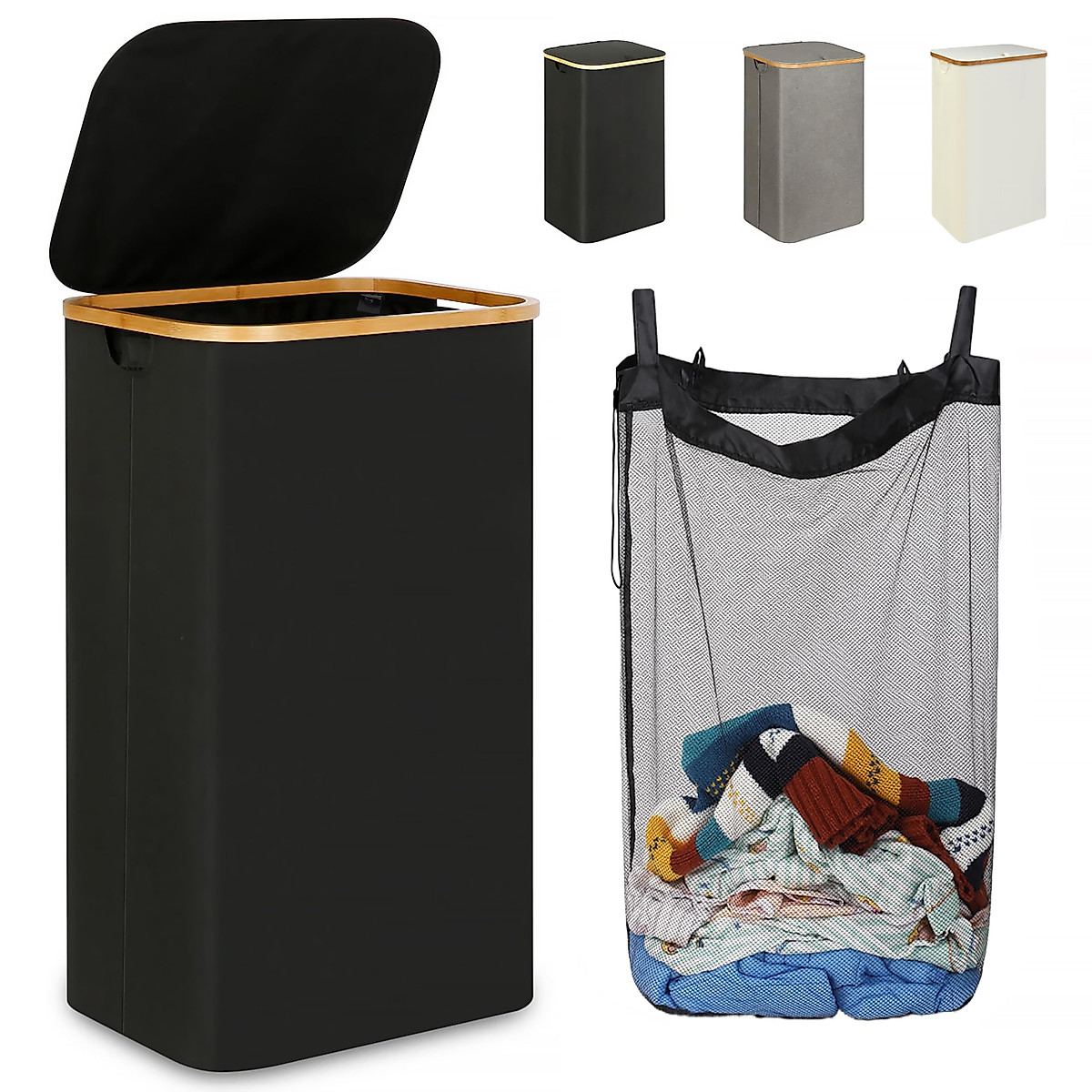 YCJYZLF Large Laundry Hamper with Lid and Bamboo Handles,Tall Collapsible Laundry Basket with Lid and Removable Laundry Bag,Foldable Clothes Hampers for Laundry,Bedroom,Dorm,Towels,Toys (100L,Black)